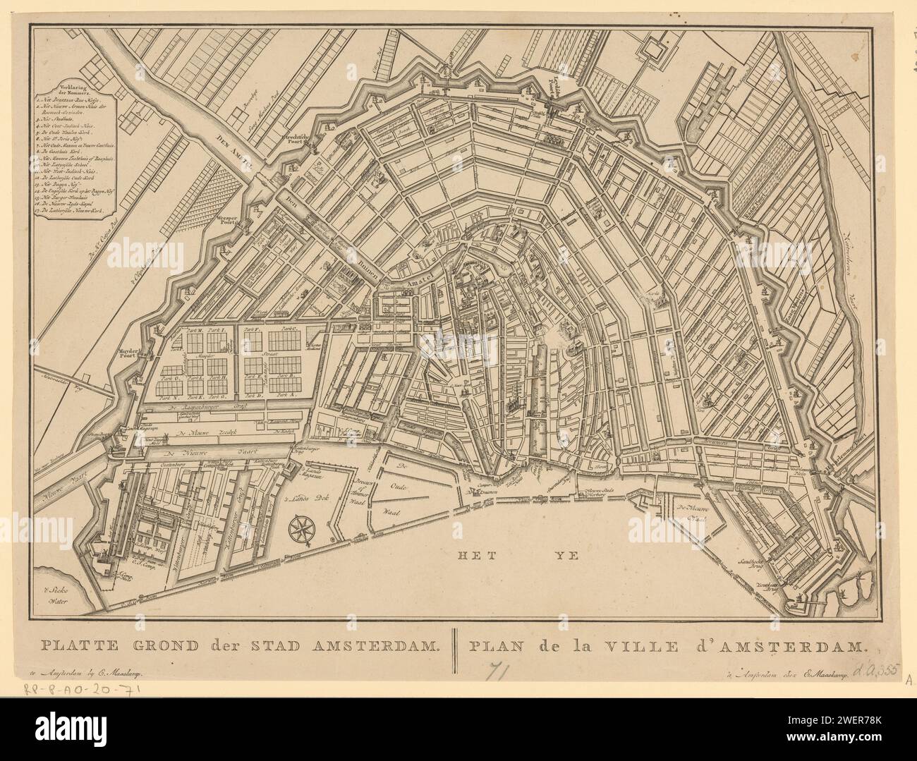 Map of Amsterdam, Anonymous, 1809 print Map with buildings in a nutshell perspective. At the top ...