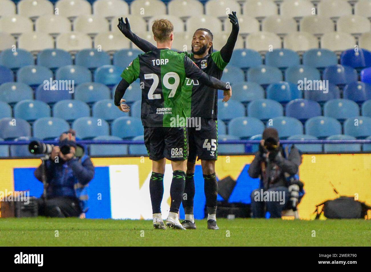 Victor Torp of Coventry City celebrates his goal with Kasey Palmer of ...