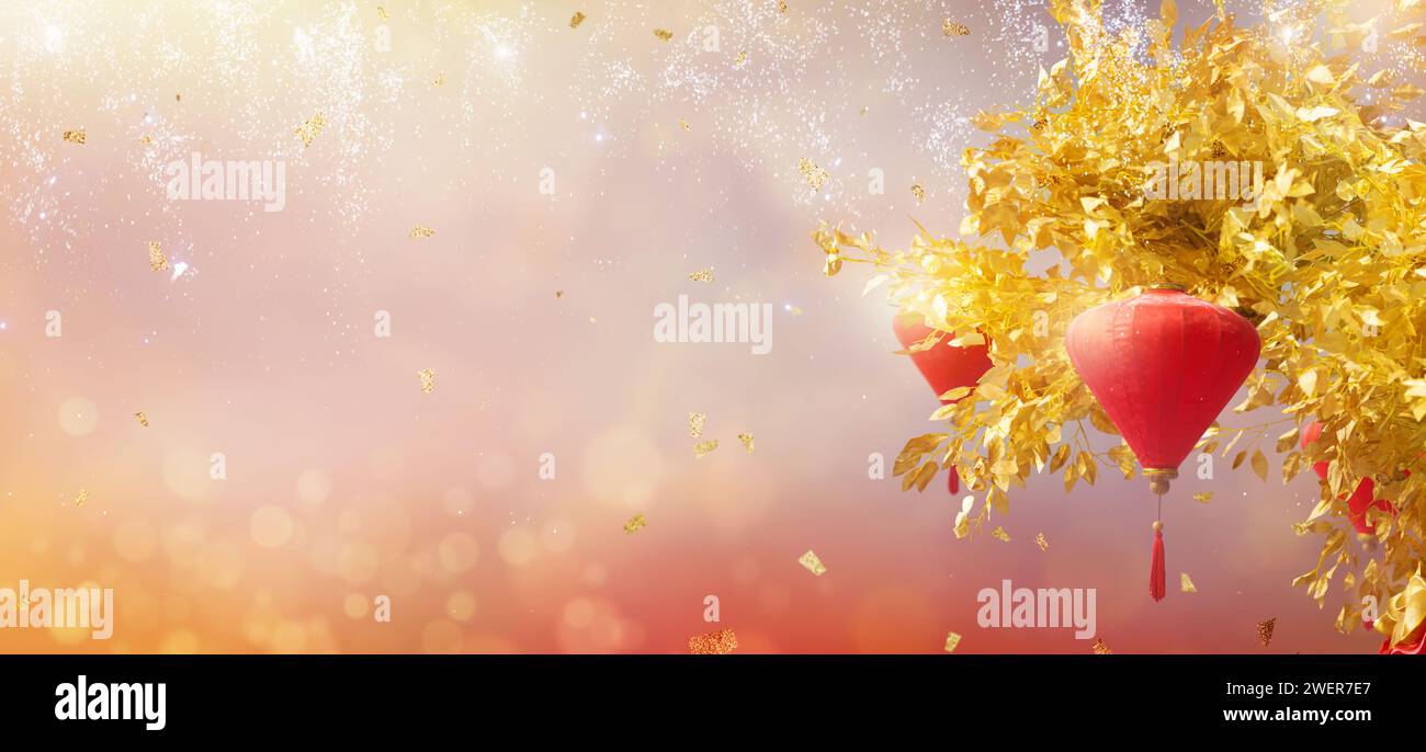 Chinese New Year lanterns and firework. Lunar new year celebration in ...