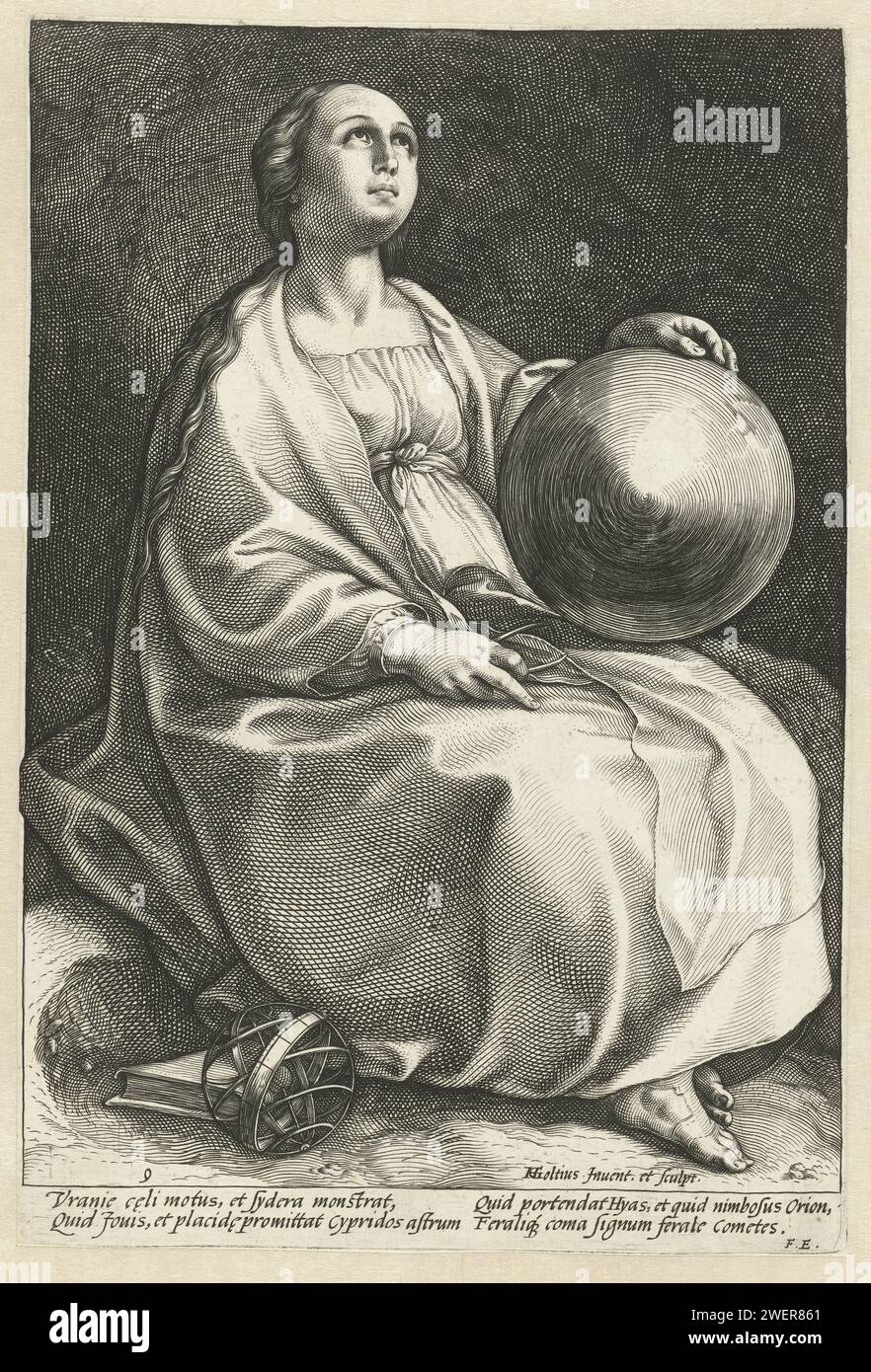 Urania, 1592 print A series of nine muses. Four lines of Latin from ...