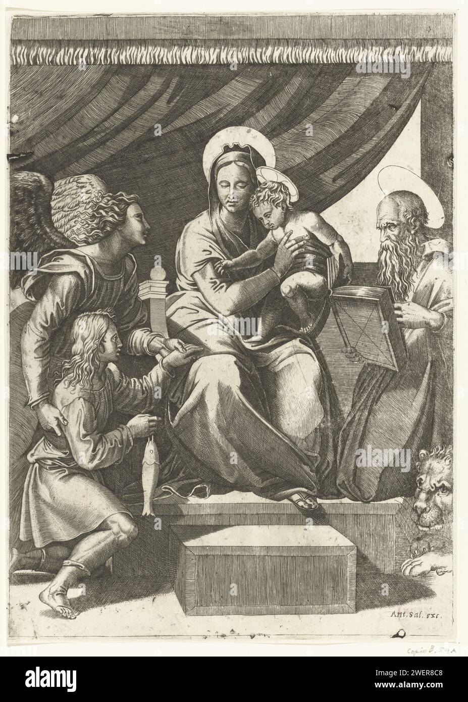 Maria with child flanked by archangel Michael with Tobias with fish and saint Hieronymus ...