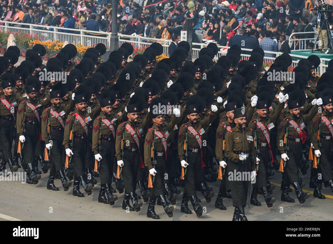 NEW DELHI, INDIA - JANUARY 26: A contingent of the Rajputana Rifles marches past the saluting ...