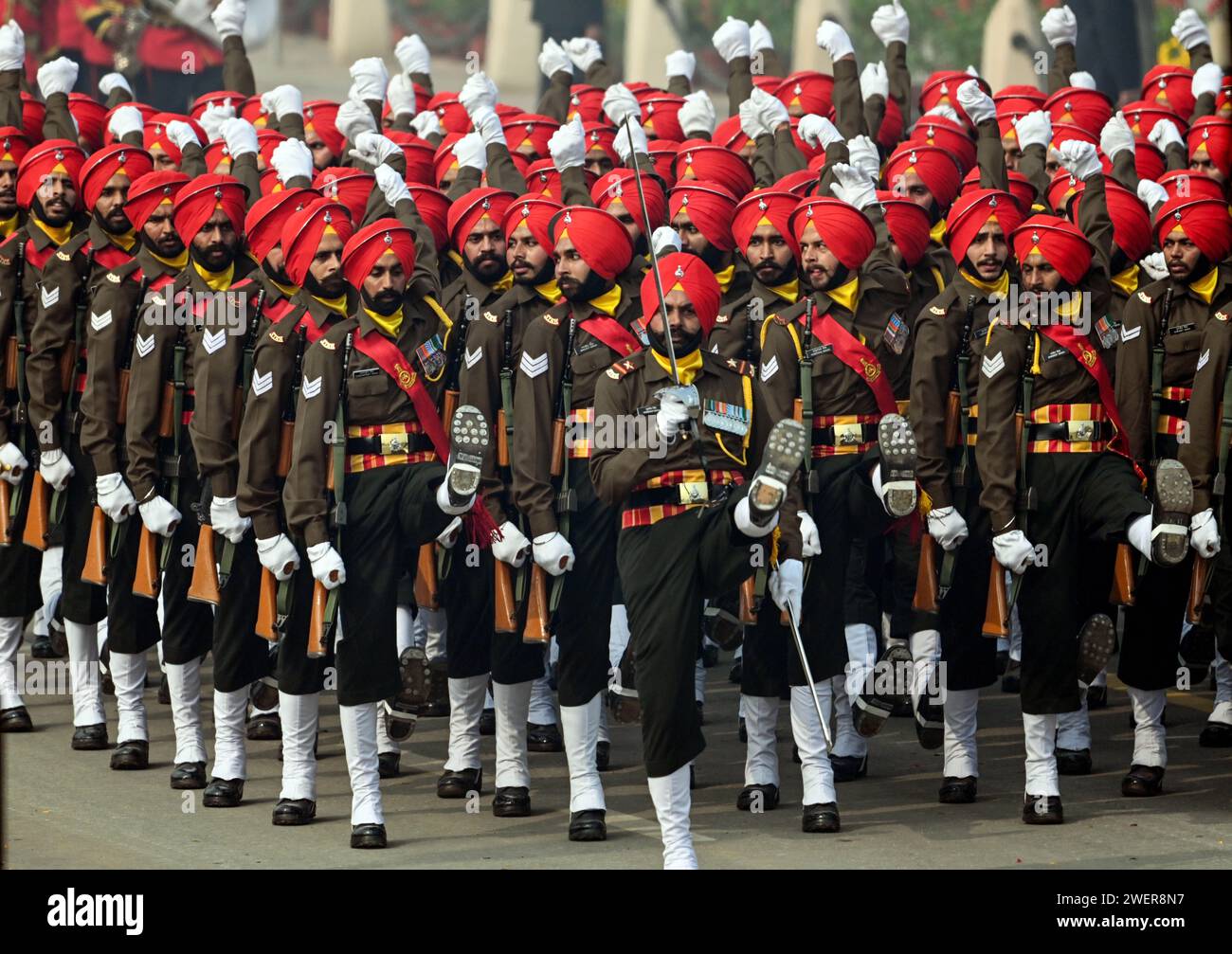 NEW DELHI, INDIA - JANUARY 26: A contingent of the Sikh Regiment marches past the saluting Base ...