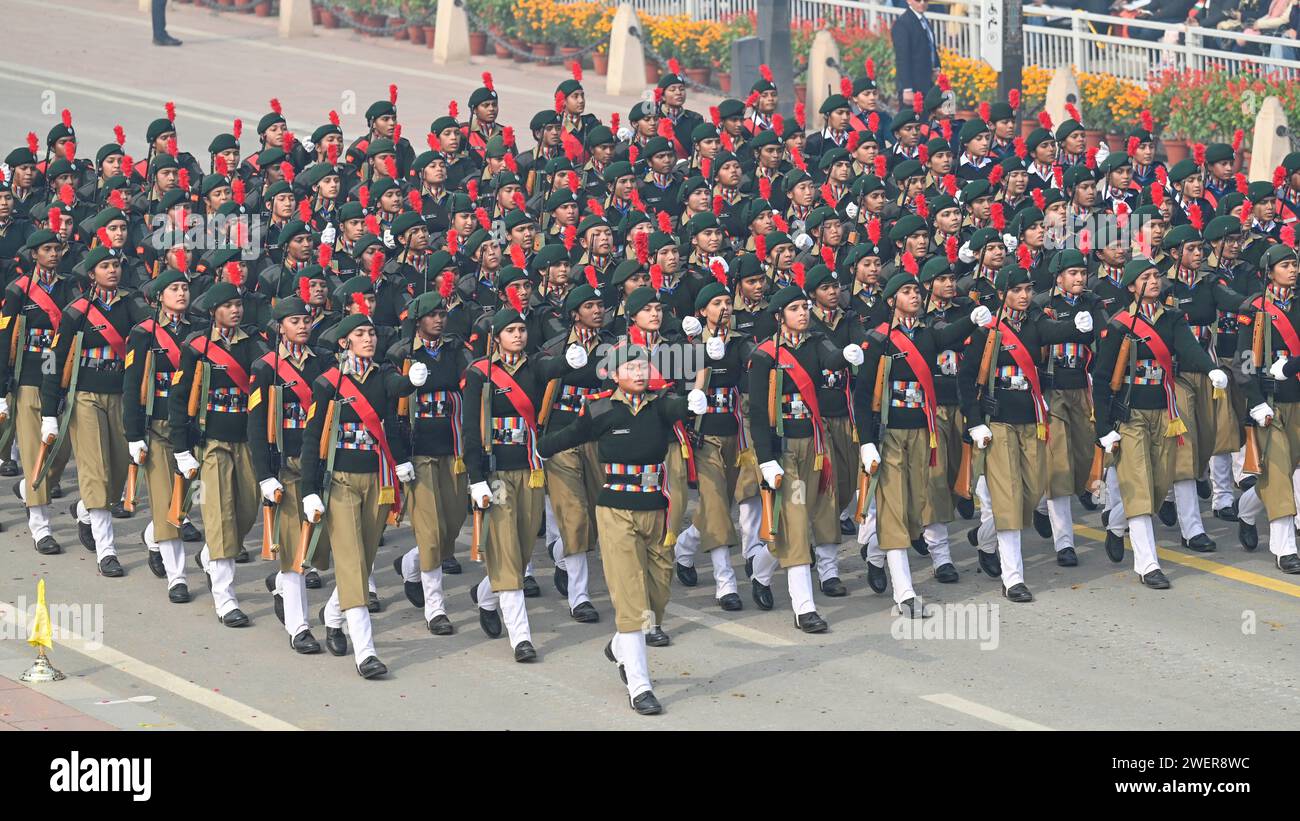 NEW DELHI, INDIA - JANUARY 26: An all women contingent from National Cadet Corps (NCC) past the ...