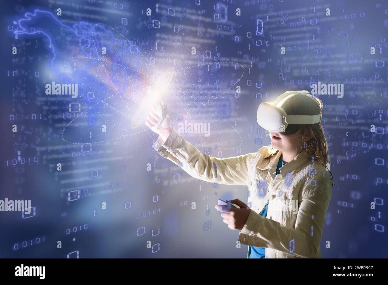 Child in virtual reality goggles. VR set for kids. Teenage girl playing ...