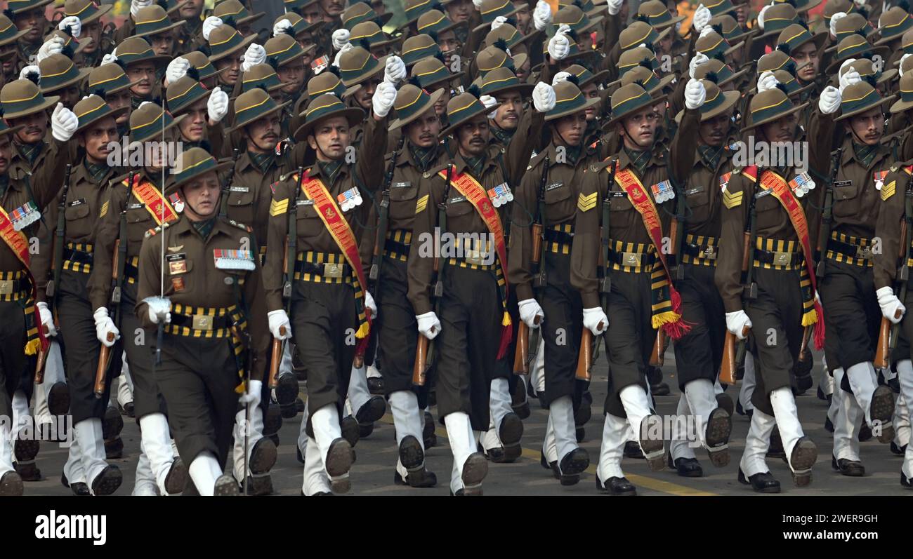 NEW DELHI, INDIA - JANUARY 26: A contingent of the Kumaon Regiment marches past the saluting ...