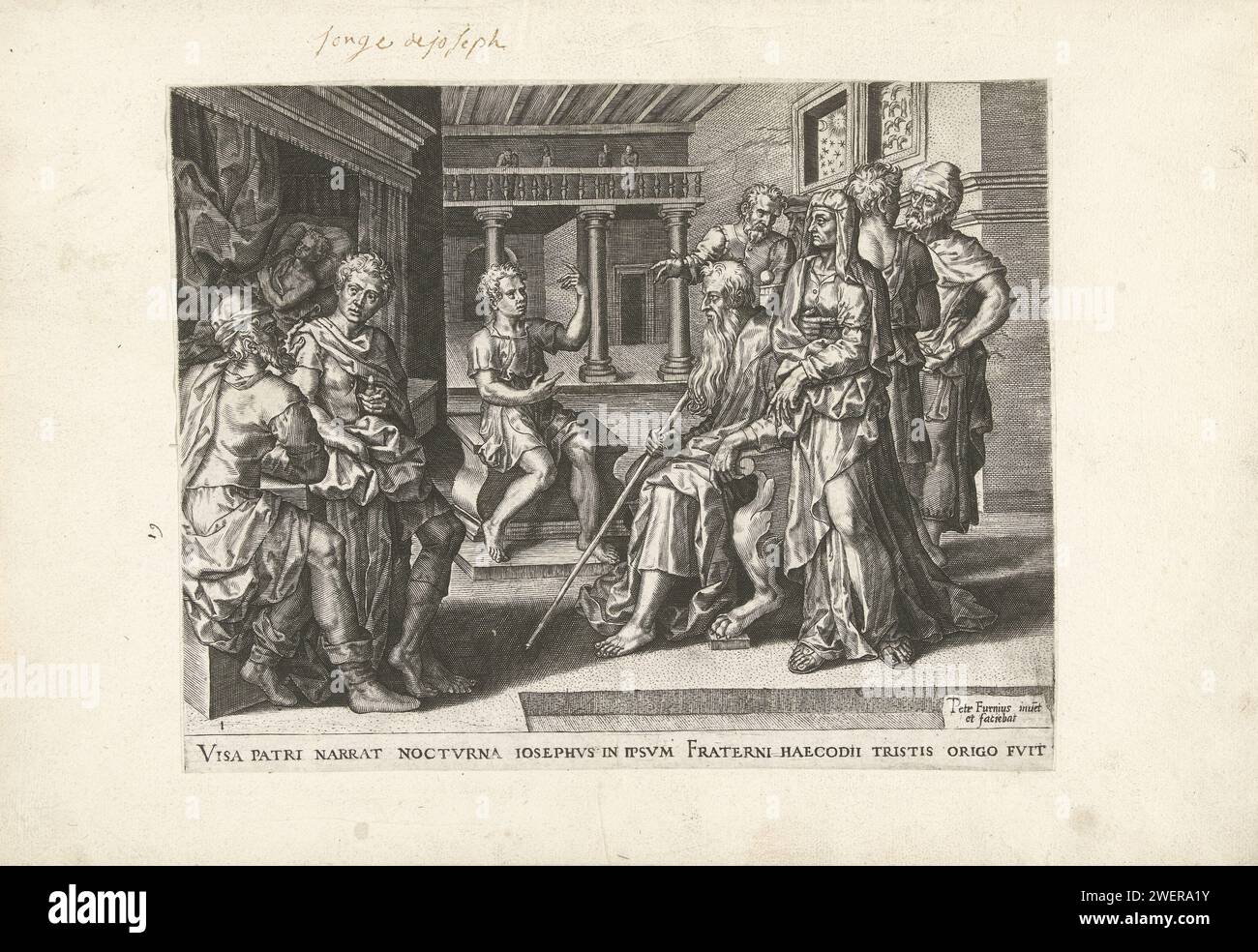 Jozef tells his dream to Jakob, Pieter Jalhea Furnius, 1572 print In a ...