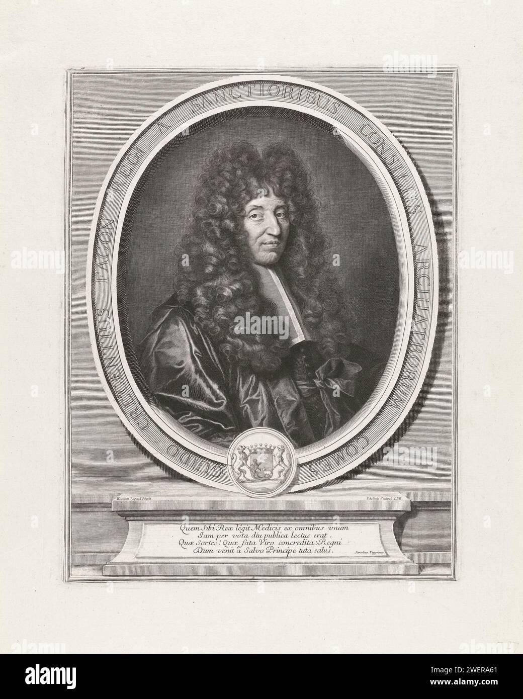 Portret van Guy-Crescent Fagon, Gerard Edelinck, after Hyacinthe Rigaud ...