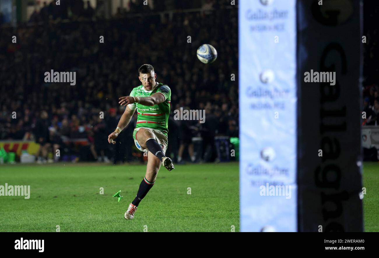 Leicester Tigers' Handre Pollard kicks a conversion during the ...