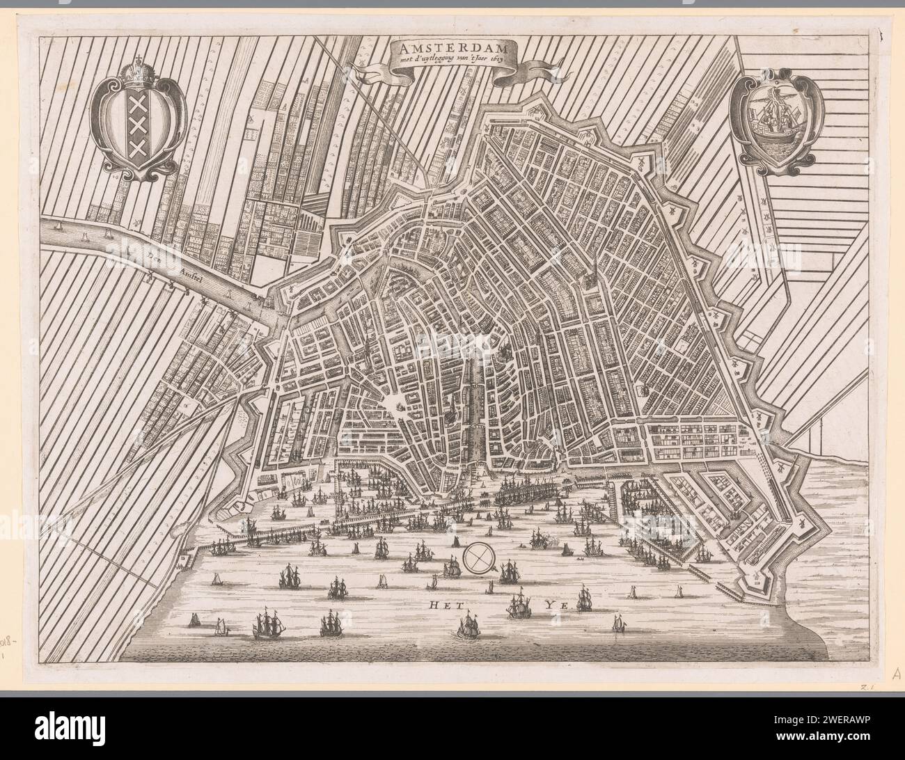 Map of Amsterdam after the explanation of 1613, Anonymous, 1693 print paper etching maps of ...