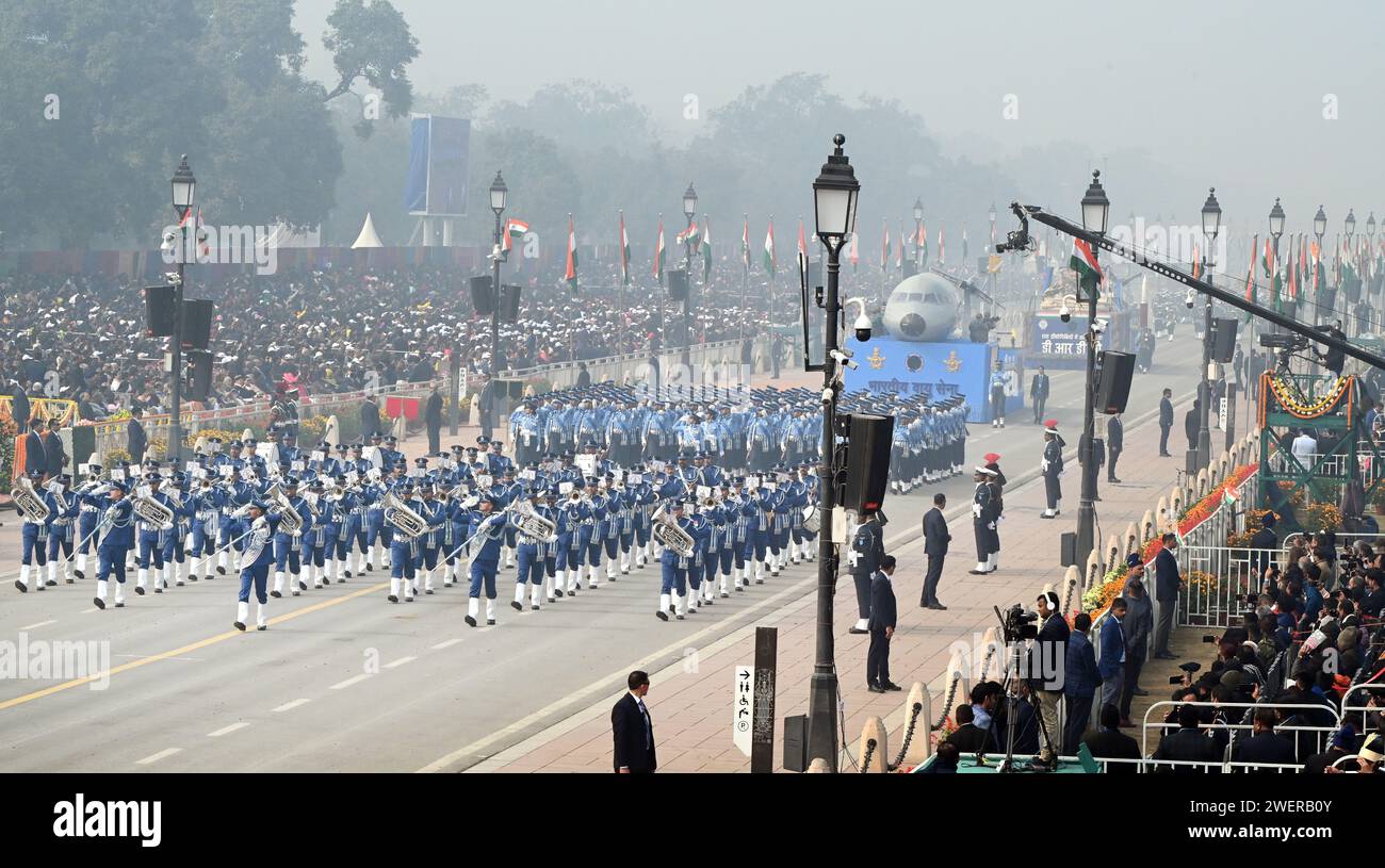 NEW DELHI, INDIA - JANUARY 26: A contingent of the Indian Air Force Band marches past the ...