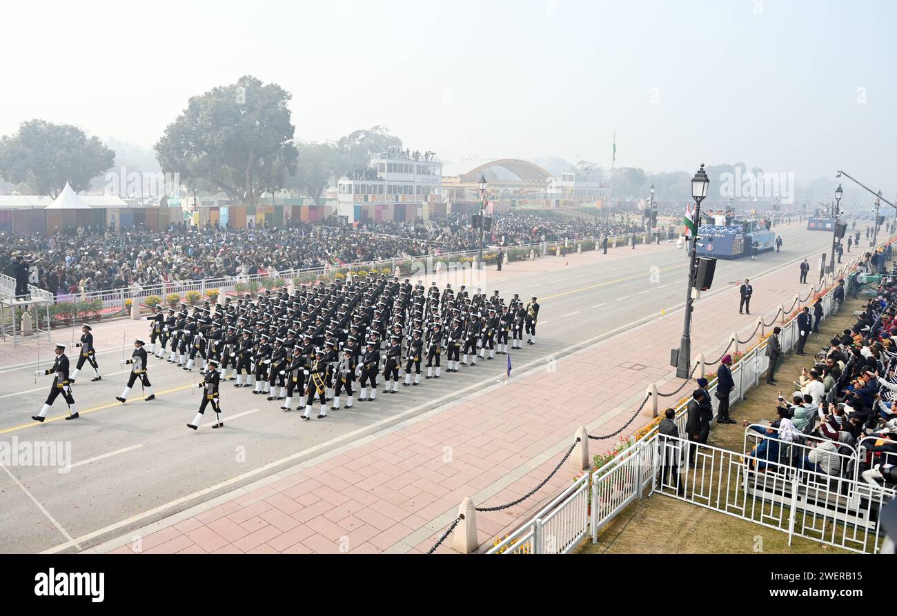 NEW DELHI, INDIA - JANUARY 26: A contingent of the Indian Navy marches past the saluting Base ...