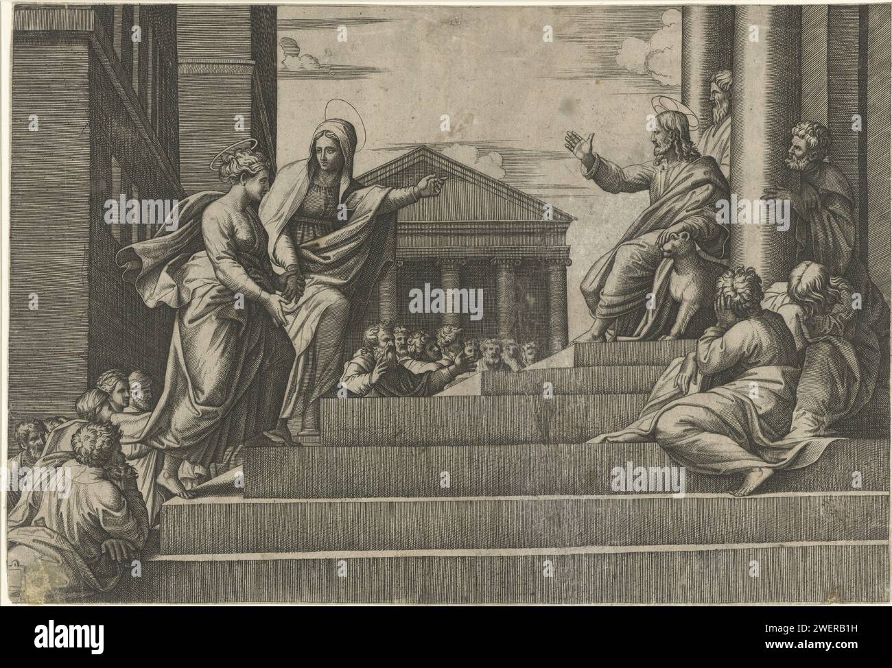 Marta leads Maria Magdalena to praised Christ, Marcantonio Raimondi ...