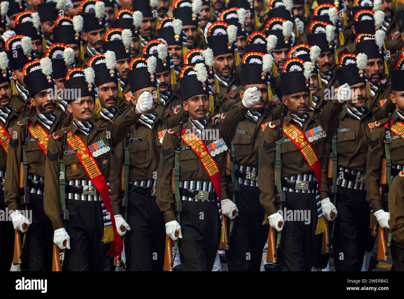 NEW DELHI, INDIA - JANUARY 26: A contingent of the Grenadier Regiment marches past the saluting ...