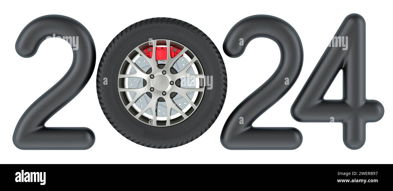 2024 auto concept with car wheel. 3D rendering isolated on white ...