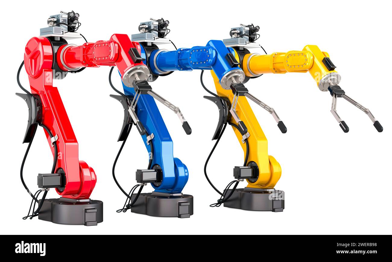 Colored Robotic Arms, 3D rendering isolated on white background Stock ...