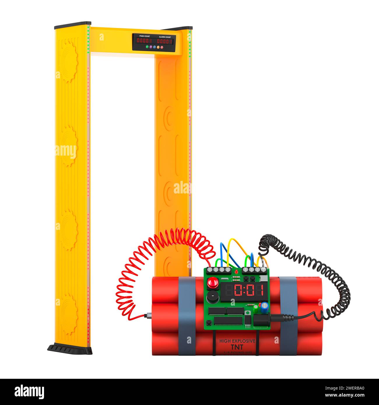 TNT bomb with walk through metal detector, 3D rendering isolated on ...