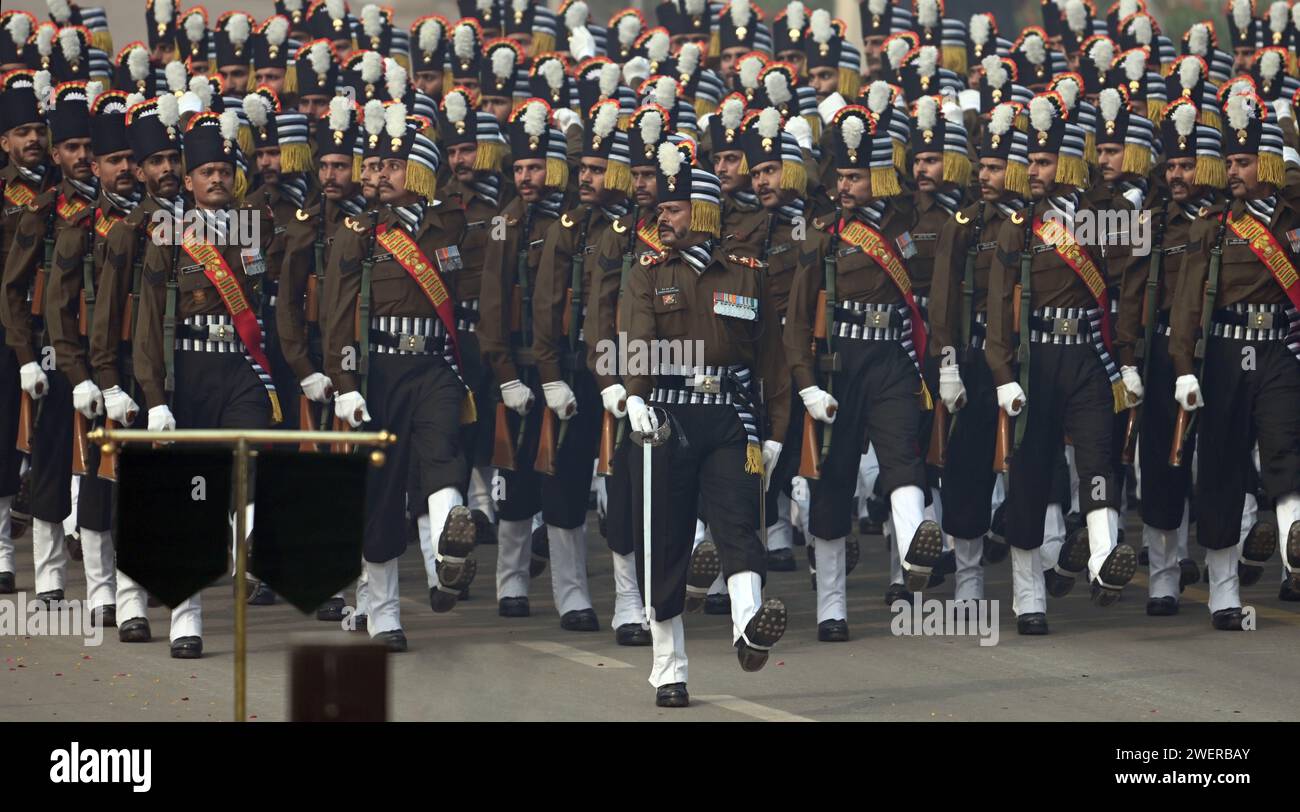 NEW DELHI, INDIA - JANUARY 26: A contingent of the Grenadier Regiment marches past the saluting ...