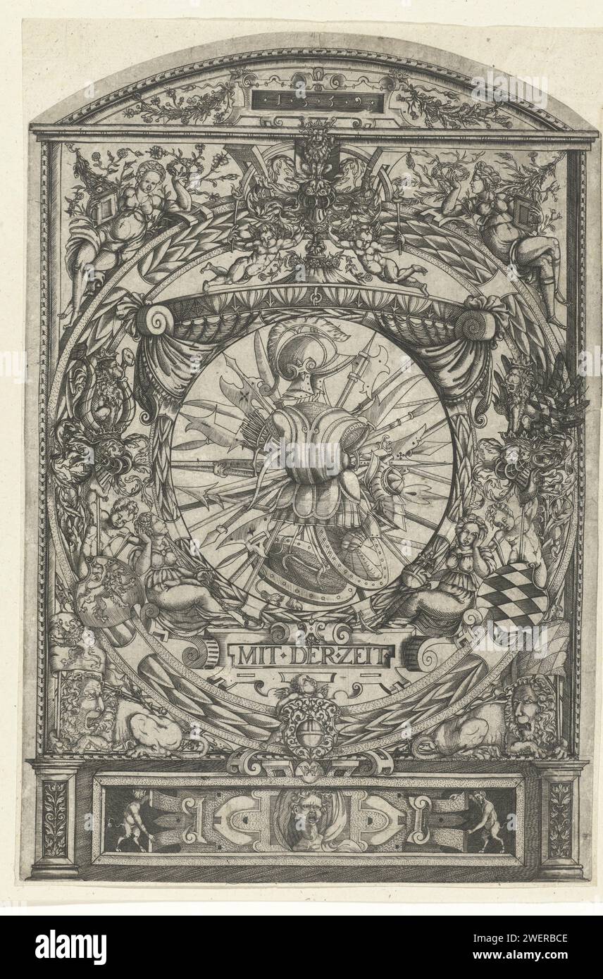 Medallion with weapon trophy in ornamental frame, Hieronymus Wechinger ...