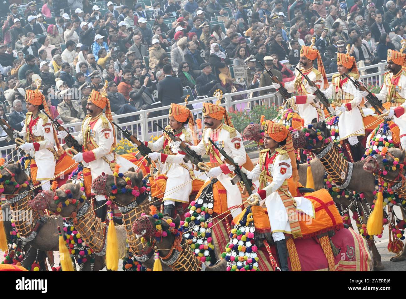 NEW DELHI, INDIA - JANUARY 26: Camel mounted contingent of Border Security Force (BSF) marches ...