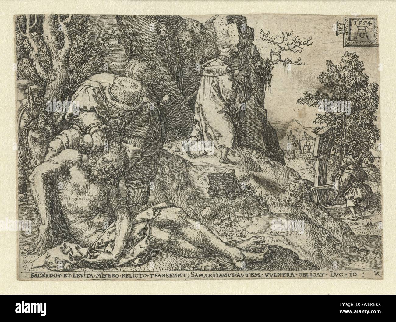 Merciful Samaritan provides the wounds, Heinrich Aldgrever, 1554 print ...