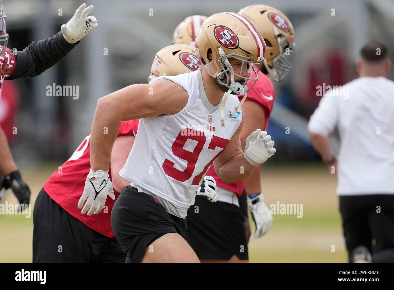 San Francisco 49ers defensive end Nick Bosa (97) jogs during an NFL ...