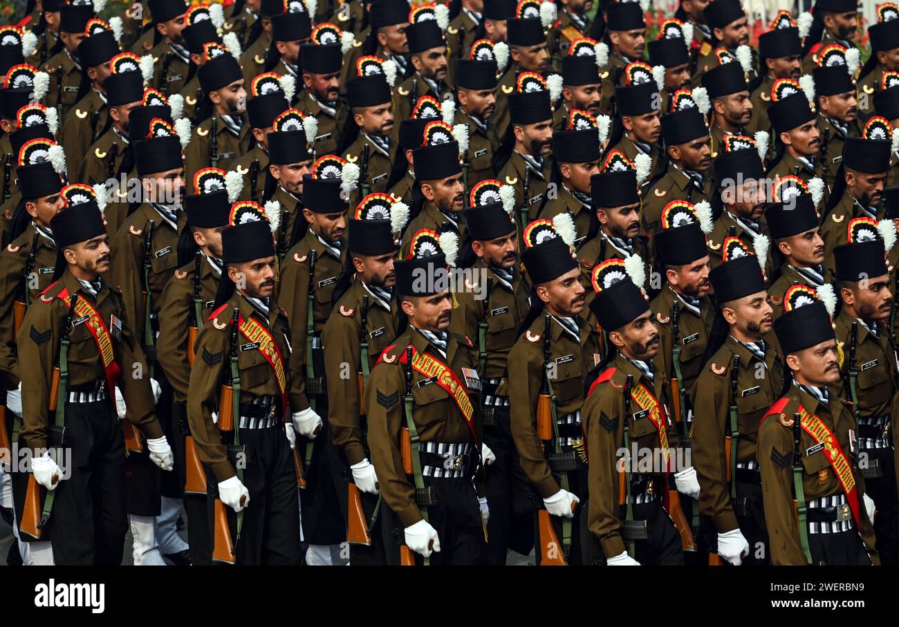NEW DELHI, INDIA - JANUARY 26: A contingent of the Grenadier Regiment marches past the saluting ...