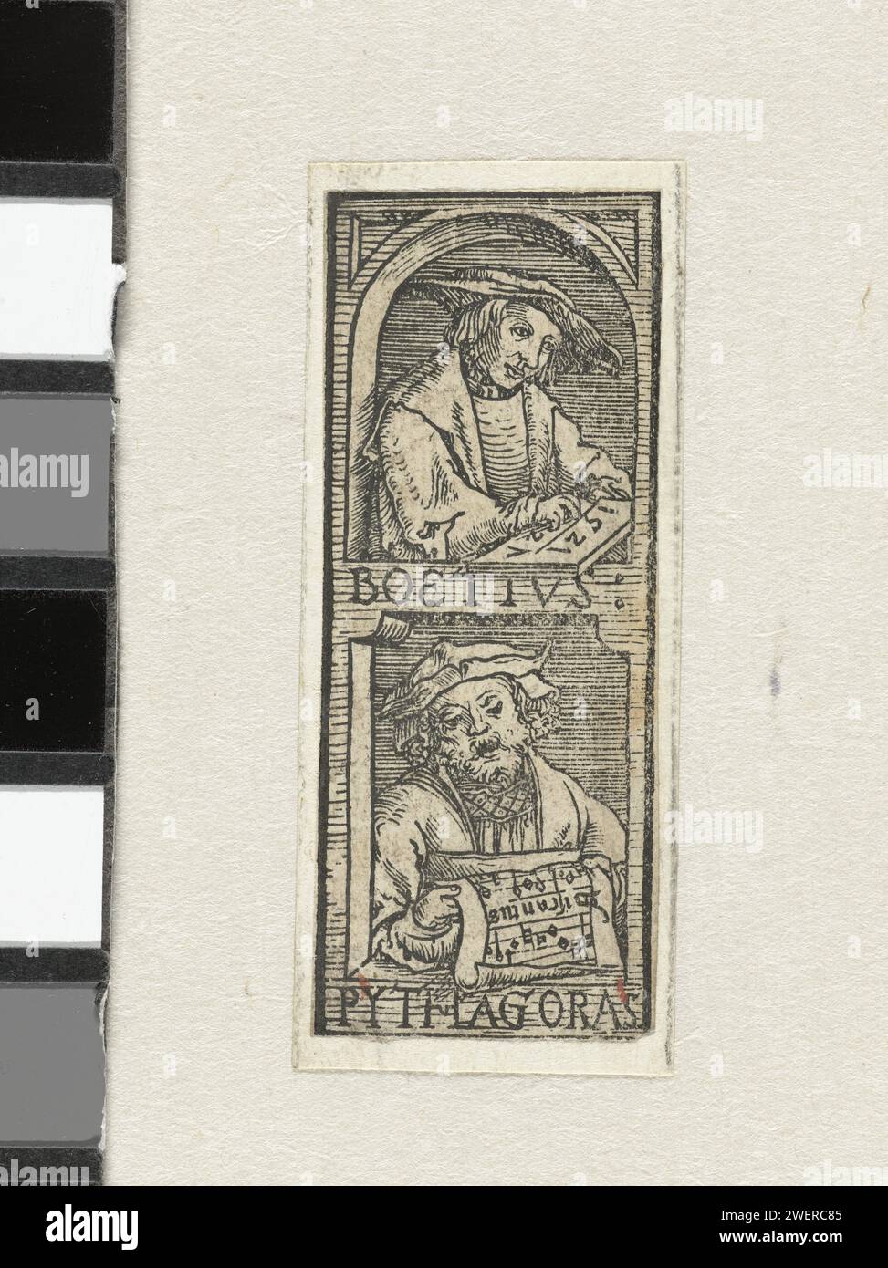 Boëthius a Pythagoras, Anonymous, 1521 print Two of four portraits of ...