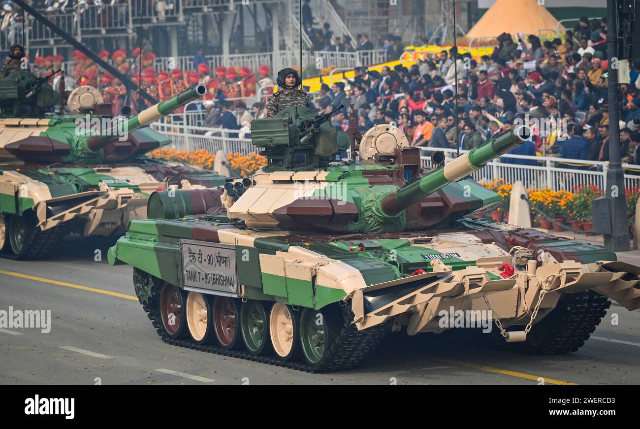 NEW DELHI, INDIA - JANUARY 26: T90 Tanks on display during the 75th ...
