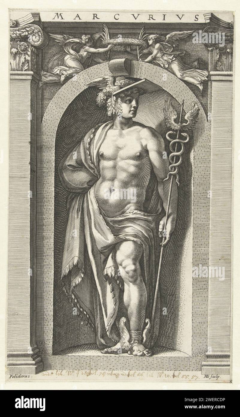 Mercurius, 1592 print Mercury, standing in a niche, a caduceus in his ...