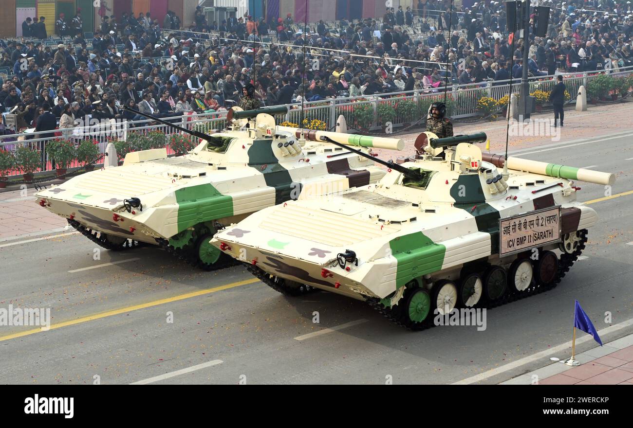 NEW DELHI, INDIA – JANUARY 26: ICV BMP 2/2K Vehicles on display during ...