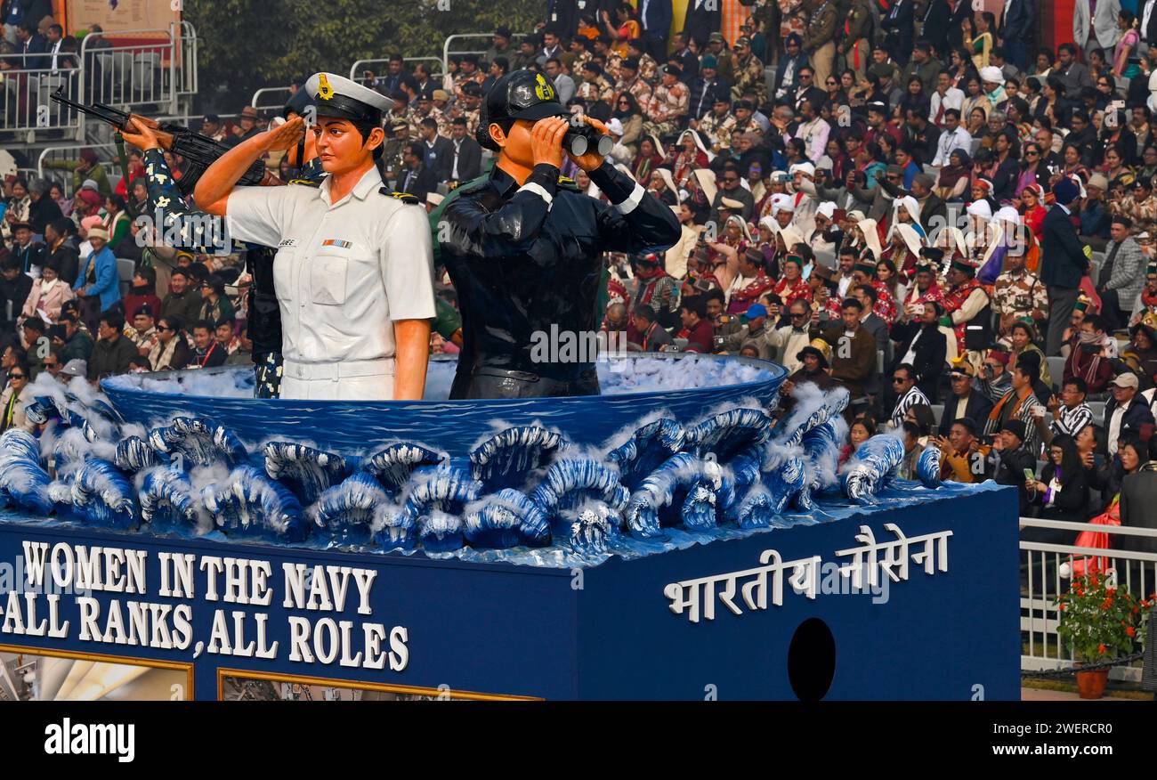 NEW DELHI, INDIA - JANUARY 26: A tableaux of Indian Navy on display during the 75th Republic Day ...