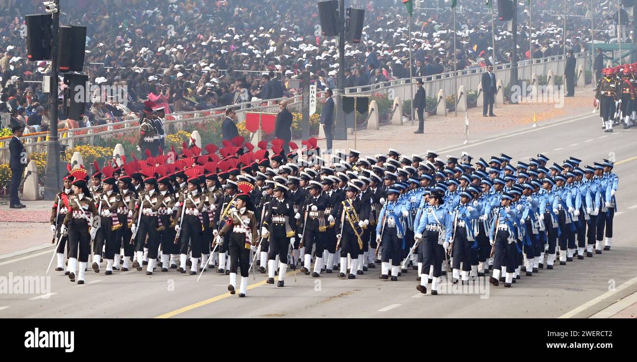 NEW DELHI, INDIA - JANUARY 26: An all women contingent from Tri Services marches past the ...