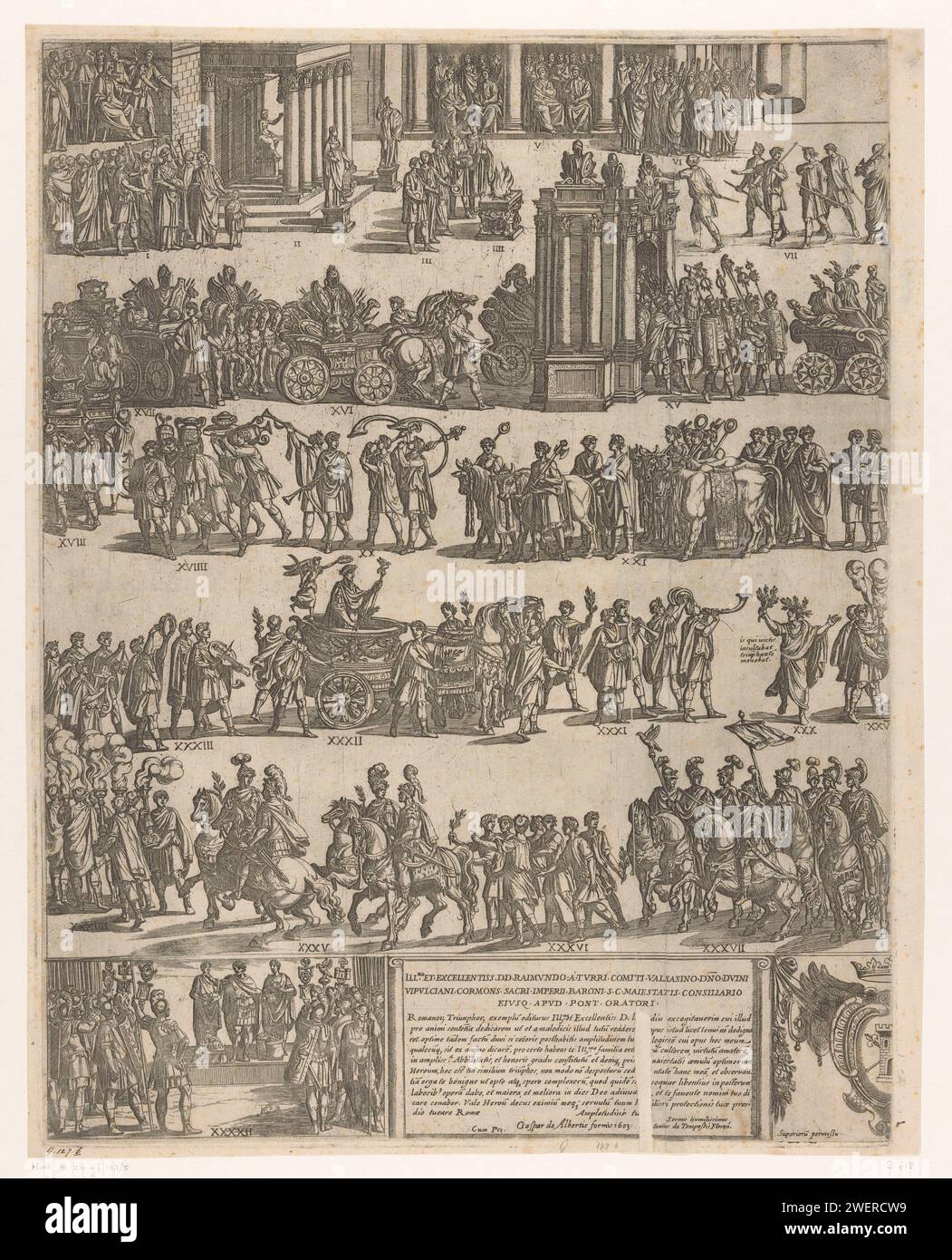 Triumph of a Roman emperor (left part), Antonio Tempesta, 1603 print A ...