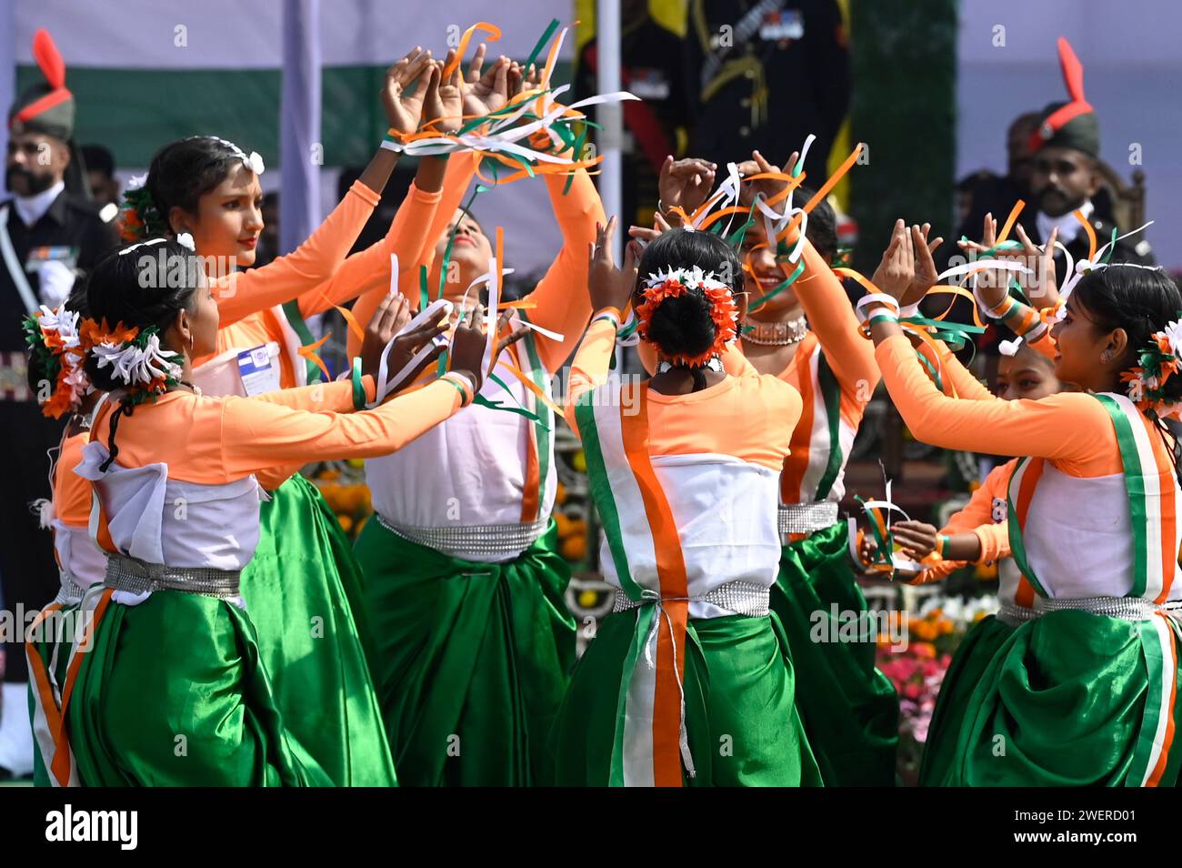 KOLKATA, INDIA - JANUARY 26: Students in Tricolor costume perform at ...