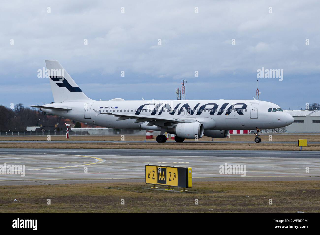 Finnair Airbus A320 taxiing to the runway for takeoff from Prague Stock ...