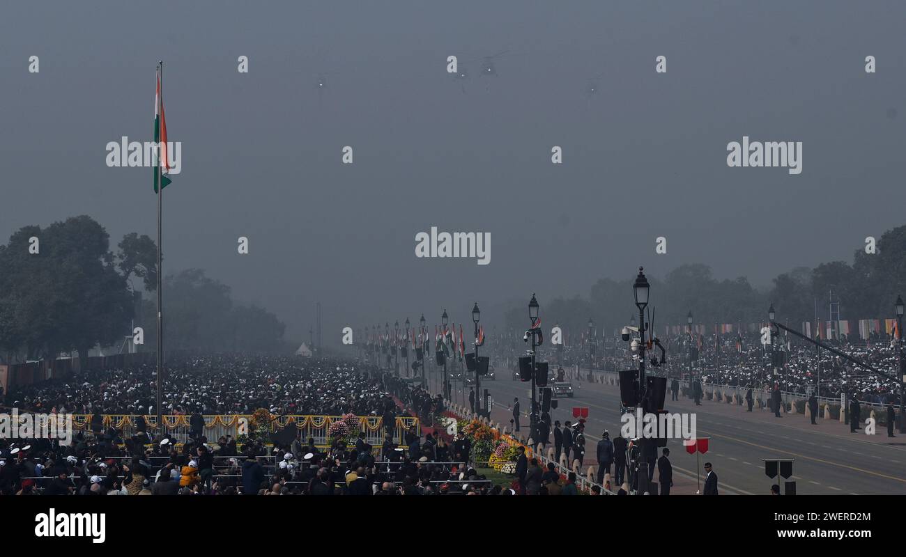 NEW DELHI, INDIA - JANUARY 26: Indian Air Force's B17 Helicopters fly ...