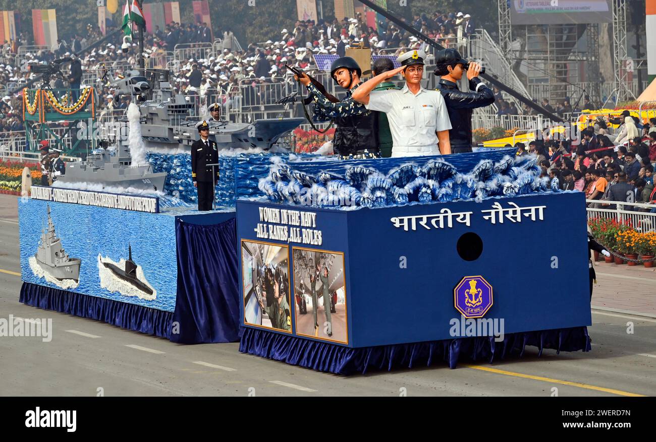 NEW DELHI, INDIA - JANUARY 26: A tableaux of Indian Navy on display during the 75th Republic Day ...