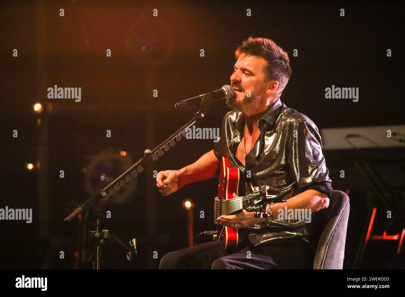 Gijon, Spain, January 26th, 2024: The artist Coque Malla singing during ...