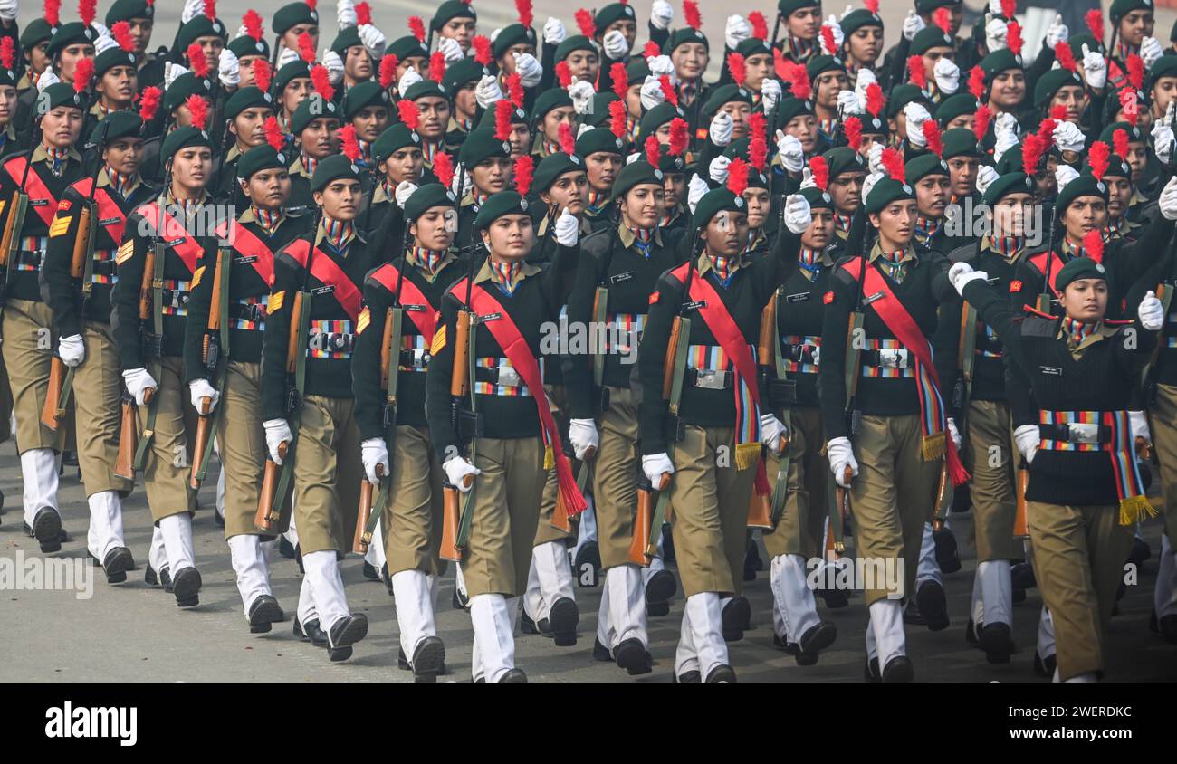 NEW DELHI, INDIA - JANUARY 26: An all women contingent from National Cadet Corps (NCC) past the ...