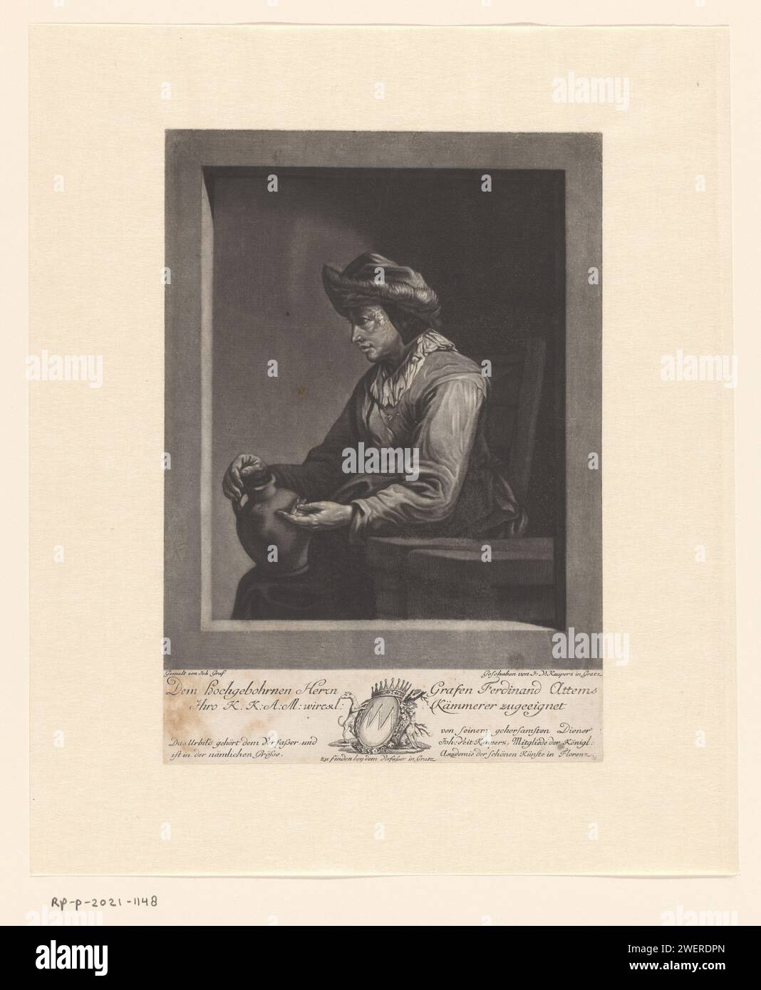 Sitting woman with jug, Johann Veit Kauperz, after Johann Graf, c. 1761 ...