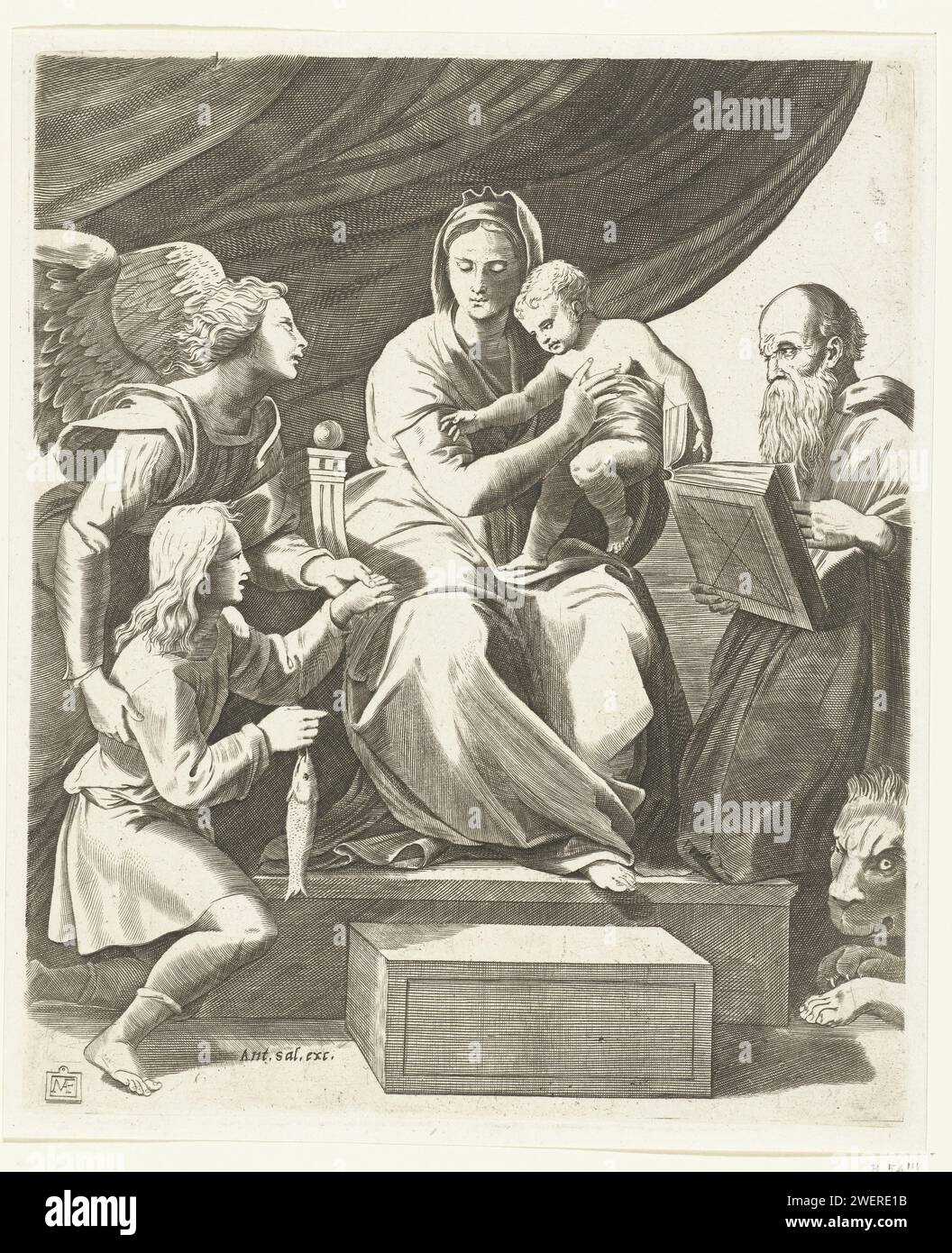 Maria with child flanked by archangel Michaël with Tobias with fish and ...