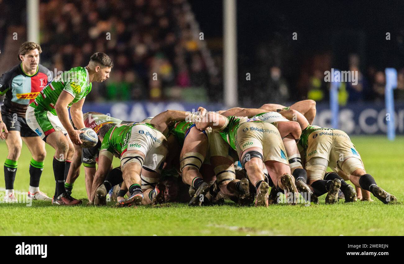 Ben Youngs of Leicester Tigers puts the ball in to a scrum during the ...
