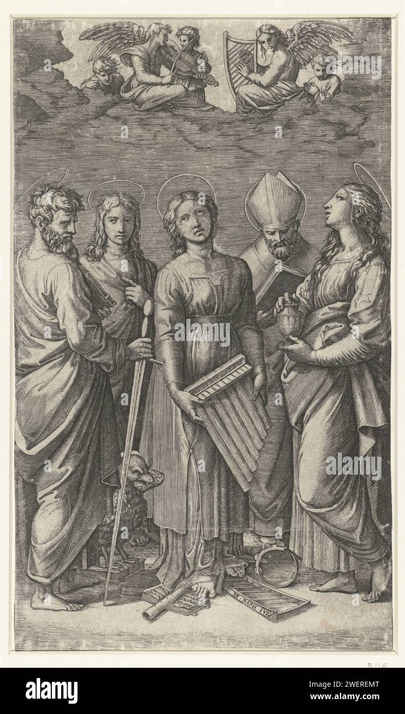 Holy Cecilia with musical instruments surrounded by four saints ...