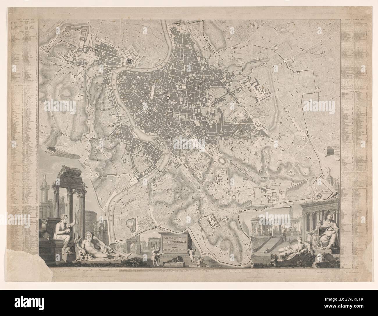 Map of Rome, Jacques Joseph Huguenet, 1841 print cardboard engraving ...