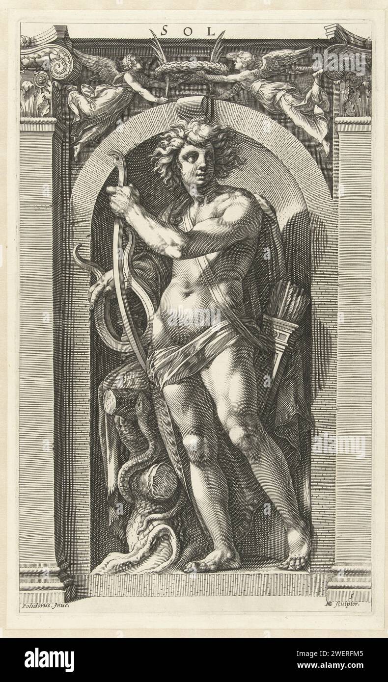 Sol, 1592 print Sol, standing in a niche, a winch in his right hand, a ...