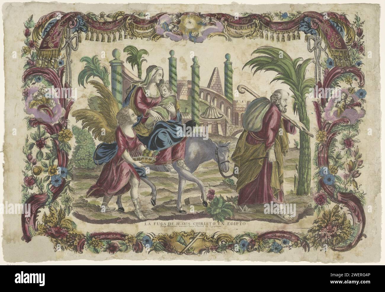 The flight to Egypt, Giovanni Volpato (Possible), 1700 - 1799 print In a landscape with palm ...