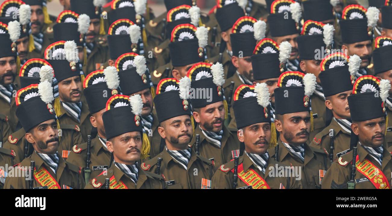 NEW DELHI, INDIA - JANUARY 26: A contingent of the Grenadier Regiment marches past the saluting ...