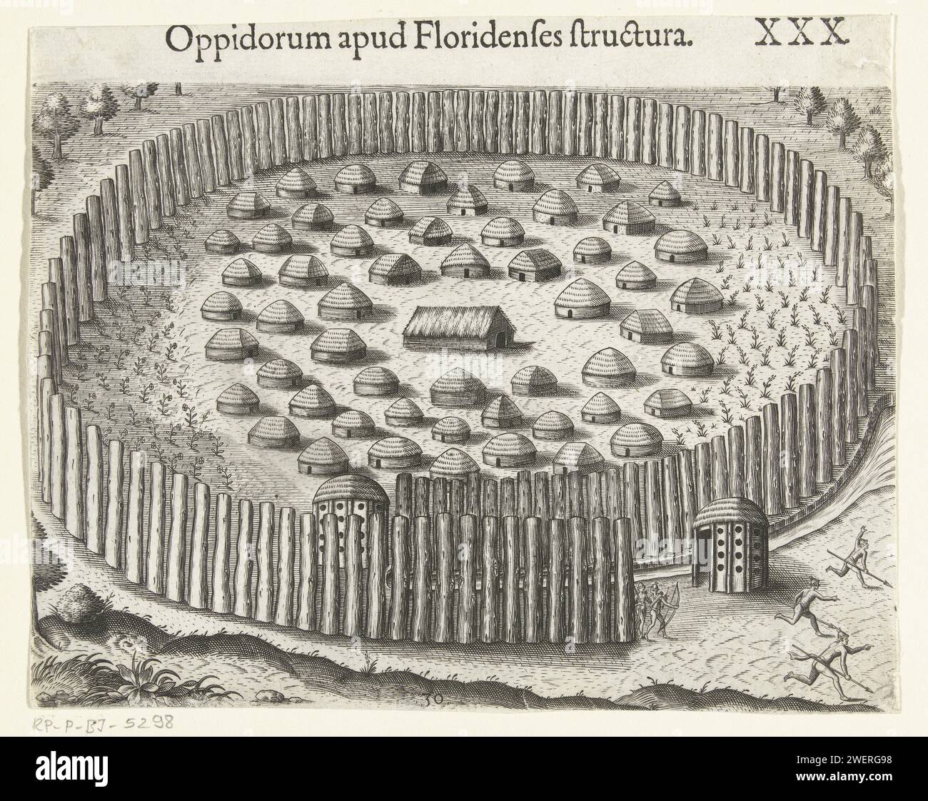Dorp in Florida, Theodor de Bry, after anonymous, 1591 print Village of ...