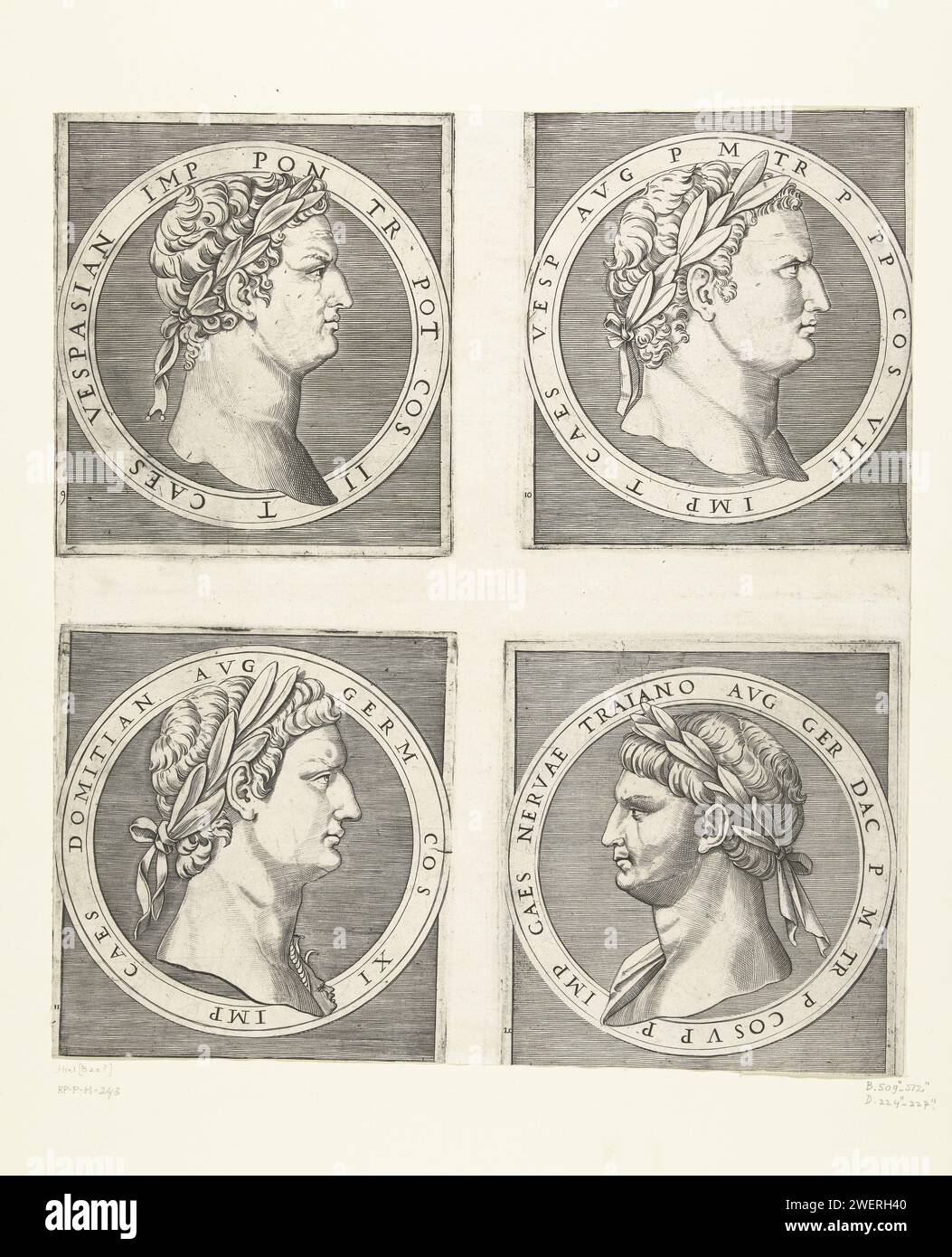 Portretten van Keizers Vespasian en Titus en Domitian en Nerva ...